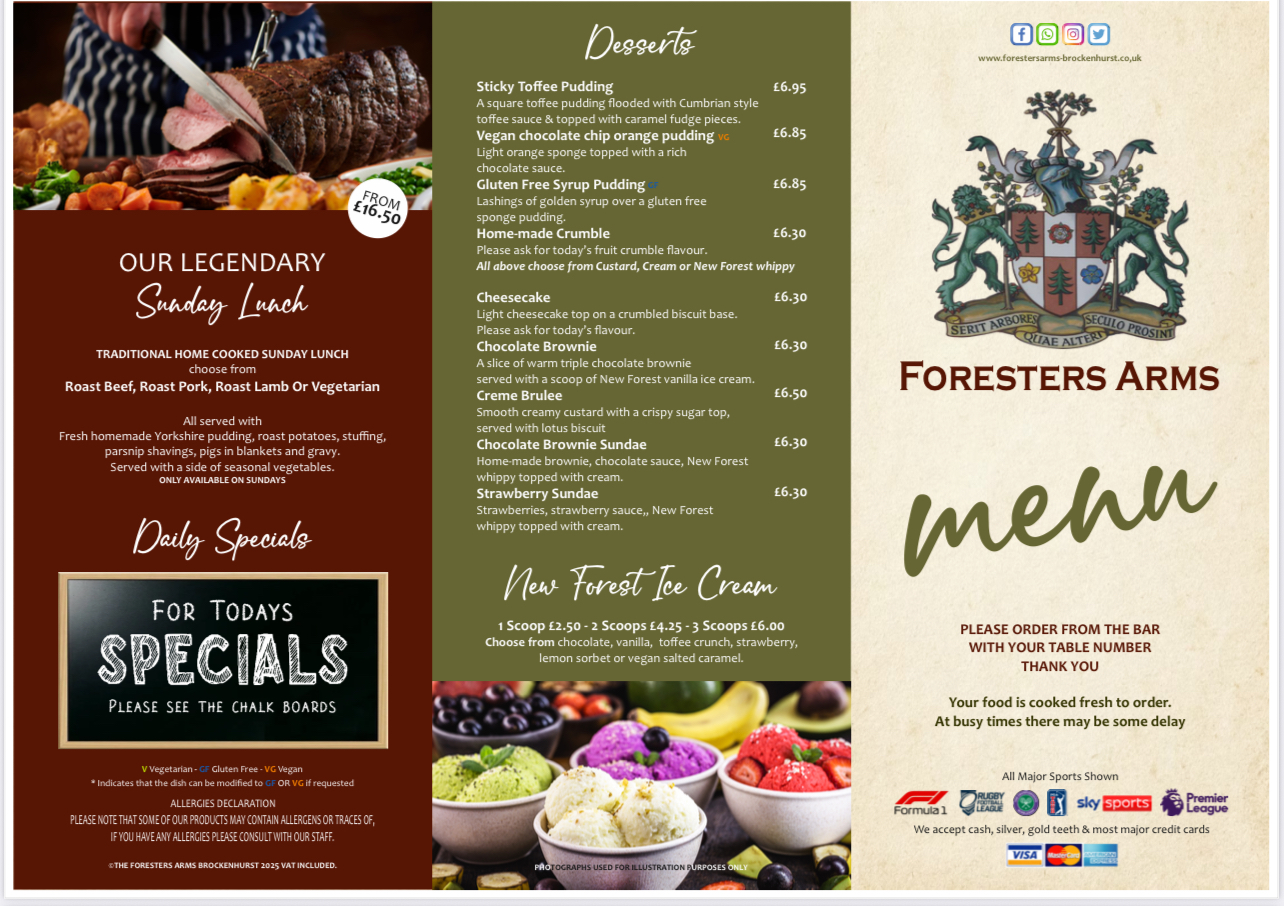 Food and Drinks Menus | The Foresters Arms in Brockenhurst New Forest